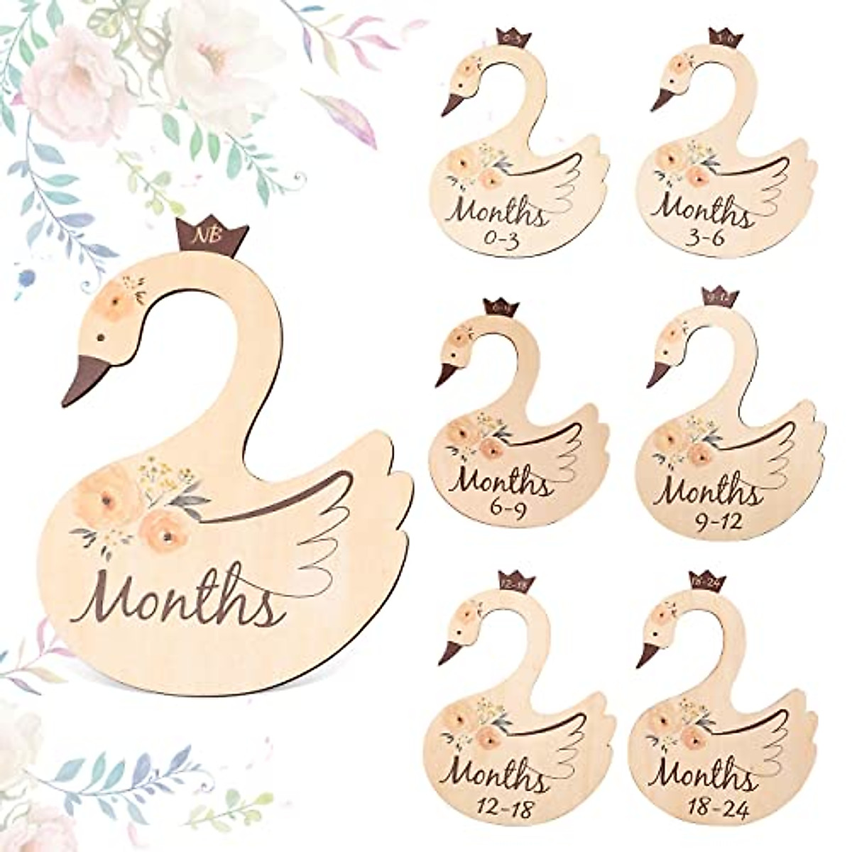 Wooden Baby Closet Dividers, 7x Closet Dividers for Baby Clothes, Swan Baby Clothing Size Age Dividers from Newborn to 24 Months - Floral Baby Clothes Dividers For Closet & Nursery Closet Organizer