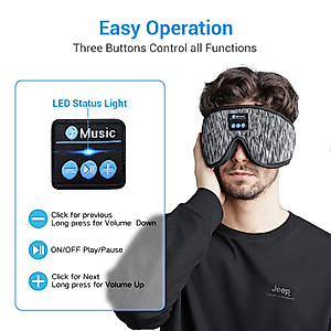 Bluetooth Sleep Eye Mask 3D Sleep Headphone with Headphones with Speakers and Microphone, Wireless Music Sleeping Eye Mask Washable Earbuds for Side Sleeper, Air Travel, Office Nap, Meditation (Grey)