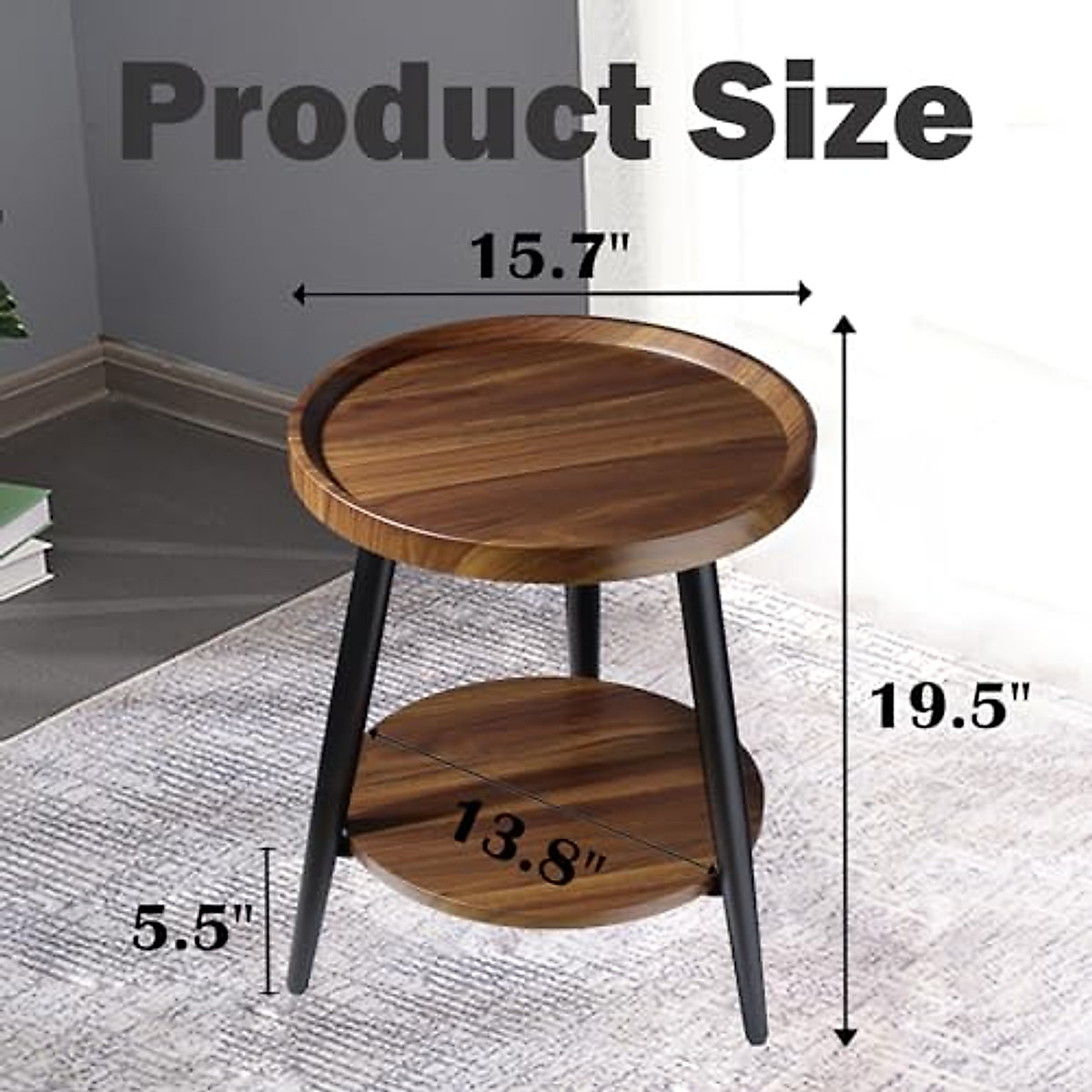 FANTERSI Small Round Side Table, 2-Tier Mid Century Modern Side Table, Round End Table Small Side Table for Living Room, Metal Frames, Brown