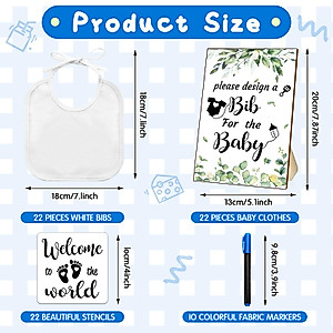 Newwiee 55 Pcs DIY Baby Bibs Set Includes 22 White Feeder Bibs 22 Stencils 10 Fabric Markers 1 Wooden Baby Shower Game Sign (Greenery)