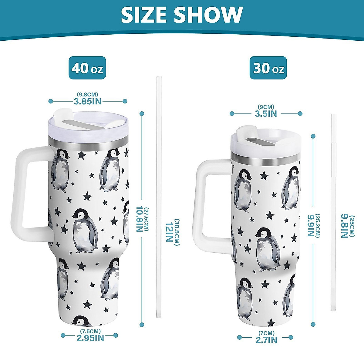 YKZEYK White Penguins Stars 40 OZ Tumbler with Handle And Straw Insulated Tumblers Coffee Mug Travel Cup Cups with Lids And Straws Tumbler