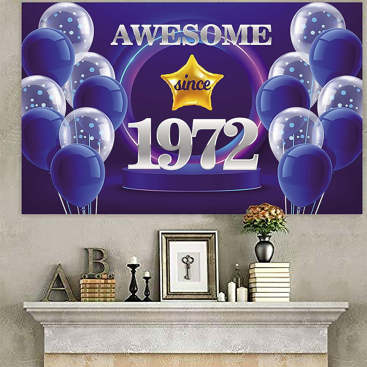 Awesome Since 1972 Happy 50th Birthday Banner Backdrop Stars Balloons Cheers to 50 Years Old Theme Decor for Women Men 50th Birthday Party Bday Supplies Decorations Background Blue Purple Sliver
