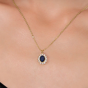 Gem Stone King 2.39 Cttw 18K Yellow Gold Plated Silver Blue Sapphire and White Zirconia Pendant Necklace For Women | Gemstone September Birthstone | Oval 8X6MM | With 18 Inch Chain