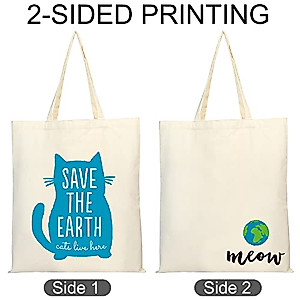 LotFancy Canvas Tote Bag for Women, Large Cute Tote Bag with Inner Pocket, Double Printed Reusable Grocery Bag for Beach School Travel, Book Tote Bags (CAT SAVE THE EARTH)