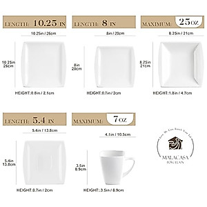 MALACASA Dinnerware Sets, 30 Piece Ivory White Plates and Bowls Sets for 6, Square Plates Dinnerware Set, Porcelain Dinnerware with Dinner Plates Set, Cup & Saucer, Modern Dish Set, Series Blance