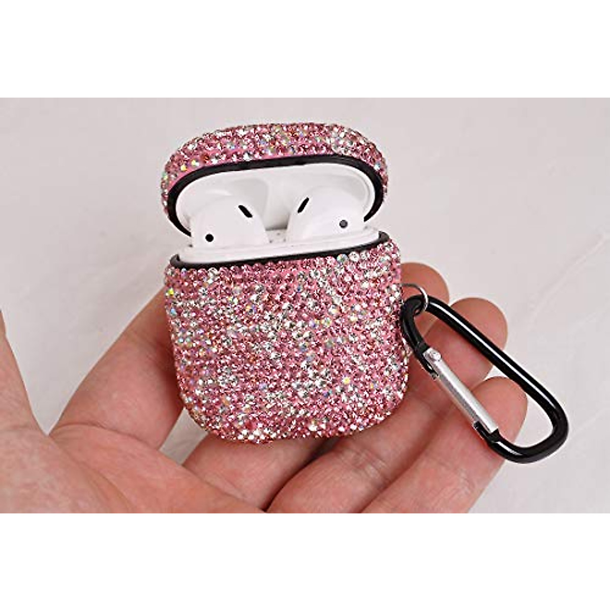 Sparkly Diamond Case for AirPods with Keychain, Shockproof Protective Premium Bling Rhinestone Cover Skin Compatible with AirPods Charging Case 2 & 1(Pink+AB C6)