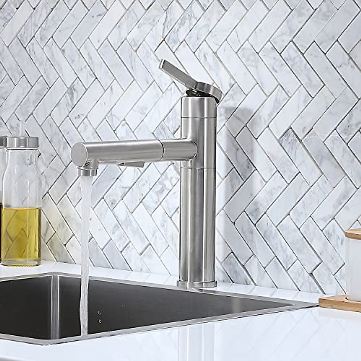 VCCUCINE Pull Out Kitchen Faucet, Single Lever Handle Stainless Steel Small Kitchen Sink Faucet with Sprayer, Brushed Nickel Low Arc RV Utility Outdoor Laundry Bar Sink Faucet