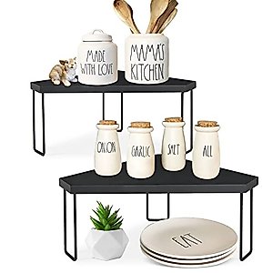 Ameuphercy 2-Tier Countertop Organizer Set of 2, Black, Rustic, Corner Shelf, Space Saving, Sturdy