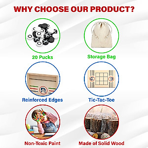 Niino 2 in 1 Fast Sling Puck and Tic Tac Toe Game Board | Tic Tac Toe Board and Family Wooden Hockey Game | String Puck | Gift for Adults & Kids Children | 20 Pucks with Storage Pouch (13 X 8 Inches)