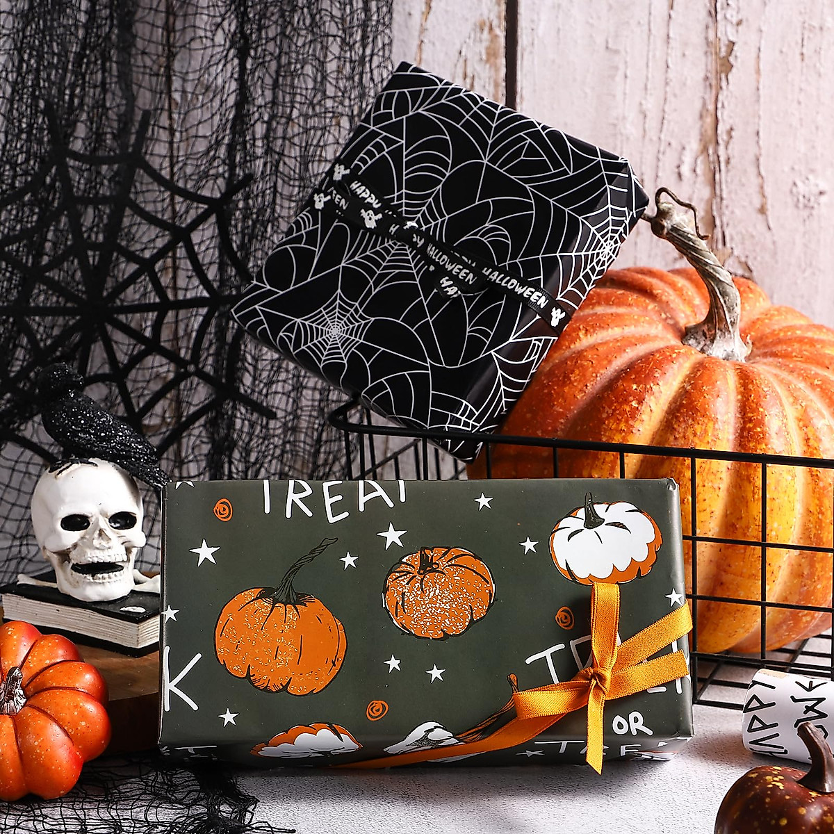 LeZakaa Halloween Wrapping Paper Roll - Mini Roll - Spooky Design with Pumpkins, Ravens, Spider Webs for Gift Wrap, DIY Craft - 17 x 120 inches - 3 Rolls (42.5 sq.ft.ttl.)