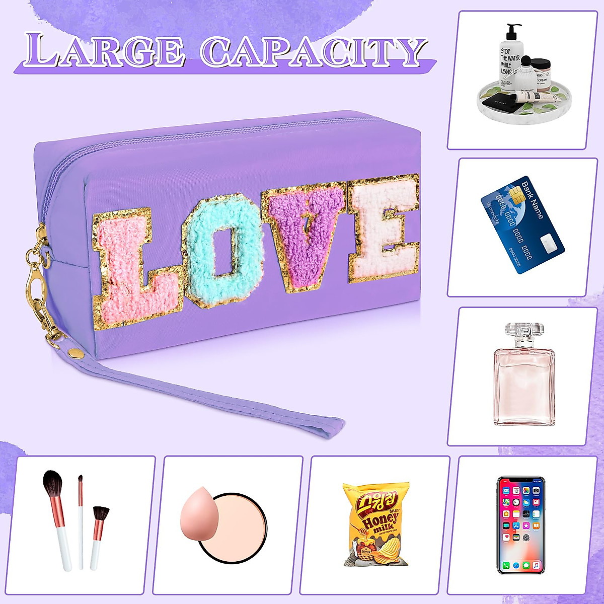 YESMET Preppy Makeup Bag, Chenille Letter Patch Cosmetic Bag, Portable Travel Makeup Organizer Bag with Wrist Strap, Nylon Waterproof Zipper Makeup Pouch Toiletry Bag for Women Girls (Purple)