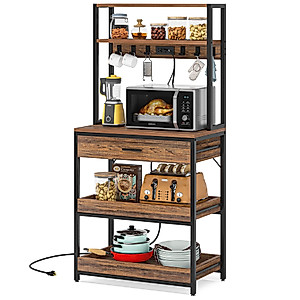 Tribesigns Kitchen Bakers Rack with Power Outlets, 5-Tier Microwave Oven Stand with Drawer and Sliding Shelves, Freestanding Coffee Bar, Kitchen Storage Shelf with 6 Hooks, Rustic Brown