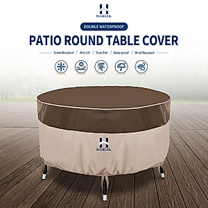 HAMLER Round Outdoor Table Cover, Heavy Duty Outdoor Table Chair Set Covers with Air Vents and Handles, Patio Table Cover Fits up to 110" D x 27.5" H, Brown & Beige