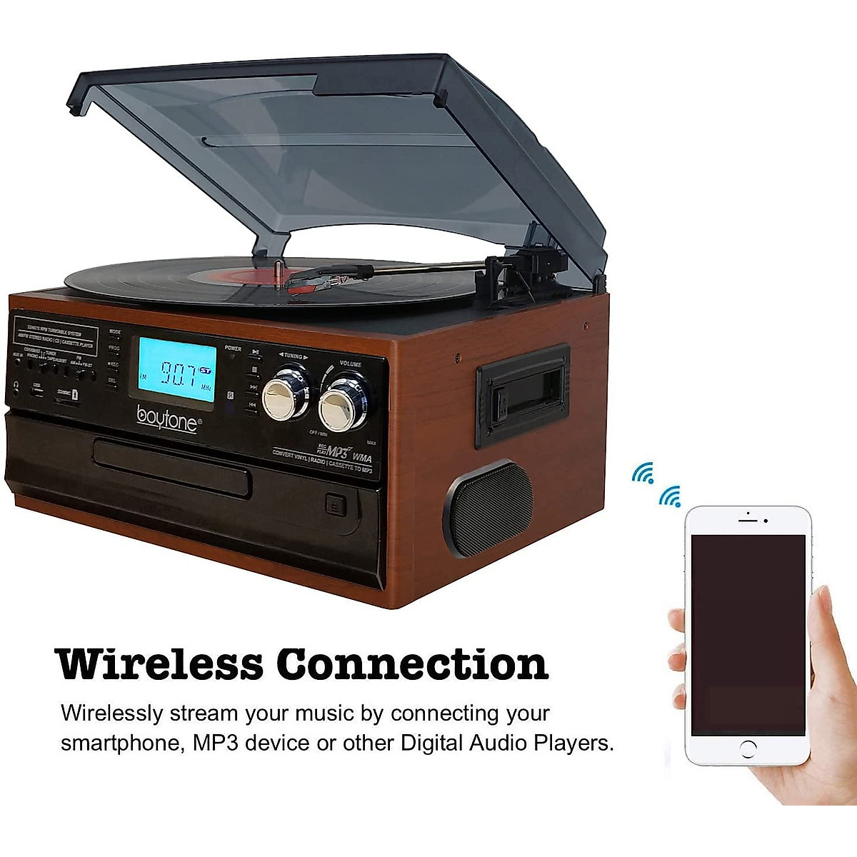 Boytone BT-22MS, Bluetooth Record Player Turntable, AM/FM Radio, Cassette, CD Player, 2 Built in Speaker, Ability to Convert Vinyl, Radio, Cassette, CD to MP3 Without a Computer, SD Slot, USB, AUX