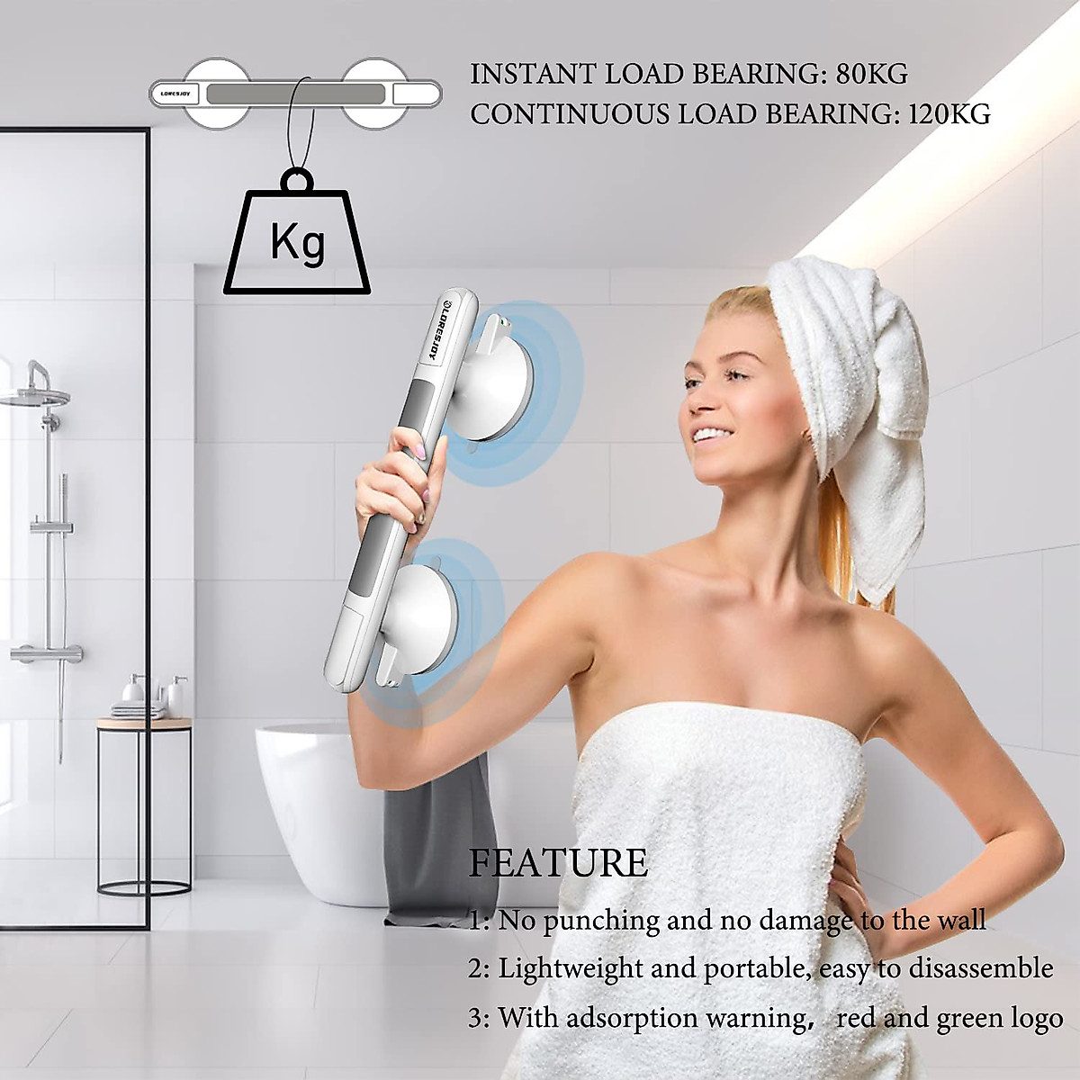 LORESJOY Handicap Grab Bars for Bathtubs and Showers, 12 inch Grab Bars for Bathroom with Indicators, Suction Cup Shower Handle for Elderly, Balance Assist Safety Bath Handle Bathroom Balance Bar