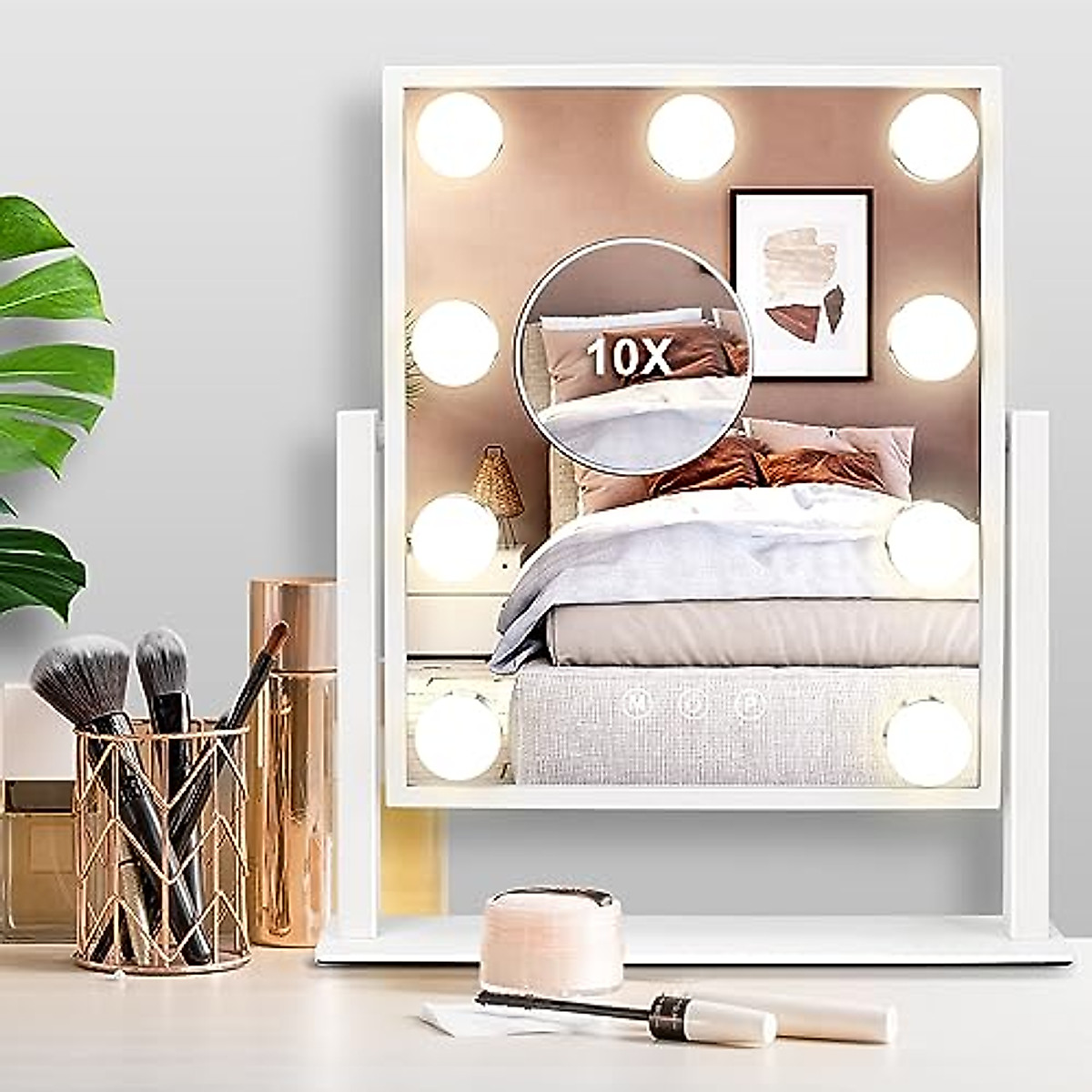 Hazifes Hollywood Vanity Mirror with Lights 9 LED,Tabletop Makeup Mirror with Smart Touch Control 3 Colors Dimable LED Bulbs Detachable 10X Magnification 360°Rotation White