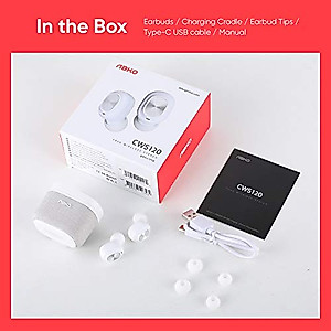 ABKO True Wireless Earbuds with Fabric Cradle Ultra Lightweight Compact Auto Pairing Bluetooth in-Ear Headphones USB-C Charging IPX4 Waterproof CWS120 White