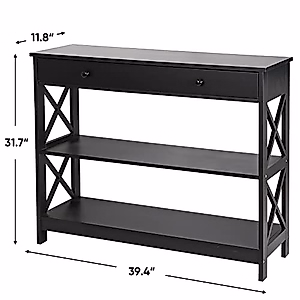 SUPER DEAL 3 Tier Console Table with 1 Storage Drawer Narrow Entryway Accent End Table Sofa Side Table for Living Room Bedroom Couch Hallway, X Frame Design, 39.3 Inch 2 Storage Shelves Black