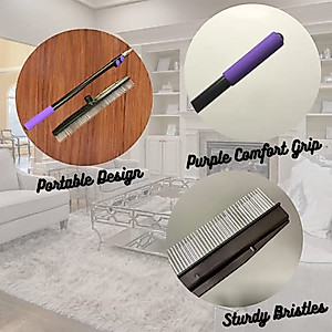 Room Groom PET Carpet Rake and Groomer with Telescoping 54 Inch Adjustable Handle, Rugs, and Artificial Turf, Purple Grip, Black/Purple