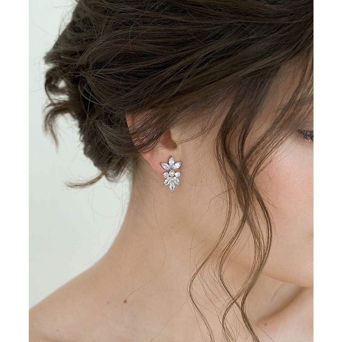 SWEETV Marquise Cubic Zirconia Wedding Bridal Stud Earrings for Brides Bridesmaids, Crystal Pearl Rhinestone Stud Earrings for Women Prom Party Jewelry Gifts, Silver