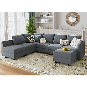 HONBAY Modular Sectional Sofa with Storage Ottoman Fabric Modular Couch with Reversible Chaise 6-Seater L Shape Corner Sofa Sectional Couch, Bluish Grey
