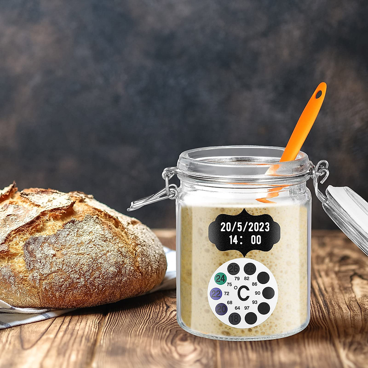 Rtteri 4 Pack 25 oz Glass Sourdough Starter Kit with Thermometer Sticker, Silicone Jar Spatula, Chalkboard Labels and Marker, Wide Mouth Airtight Sourdough Starter Container