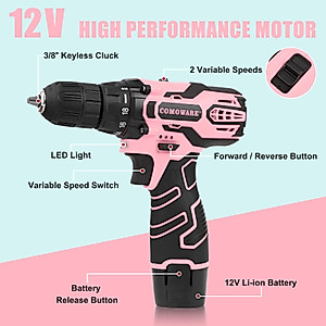 COMOWARE Pink Cordless Drill Set, 12V Power Drill Set Electric Screwdriver Driver Tool Kit for Women, 3/8" Keyless Chuck 1 Battery & Charger with Storage bag
