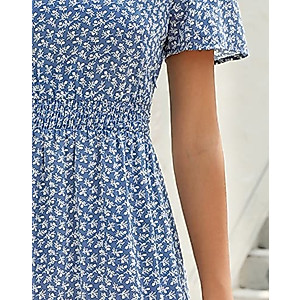 Zattcas Womens 2023 Summer Casual Long Dress Short Flutter Sleeve V Neck Smocked Waist Tiered Flowy Modest Floral Boho Maxi Dress Blue L