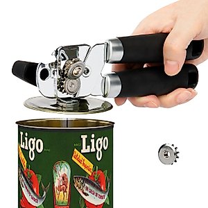 AHRAM Manual Can Opener, Sharp and smooth glide cutting wheel, With magnet lefter, Safe edge, Made with heavy duty materials, With additional glide cutting wheel as a spare part, With a bottle opener