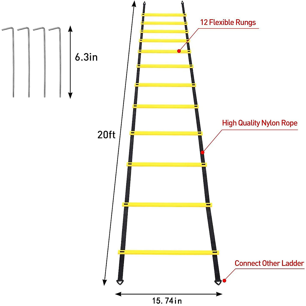 Pro Speed & Agility Training Set—includes 12 Rung 20ft Adjustable Agility Ladder with Carrying Bag, 12 Disc Cones, 4 Steel Stakes, 1 Resistance Parachute, Use Equipment to Improve Footwork Any Sport