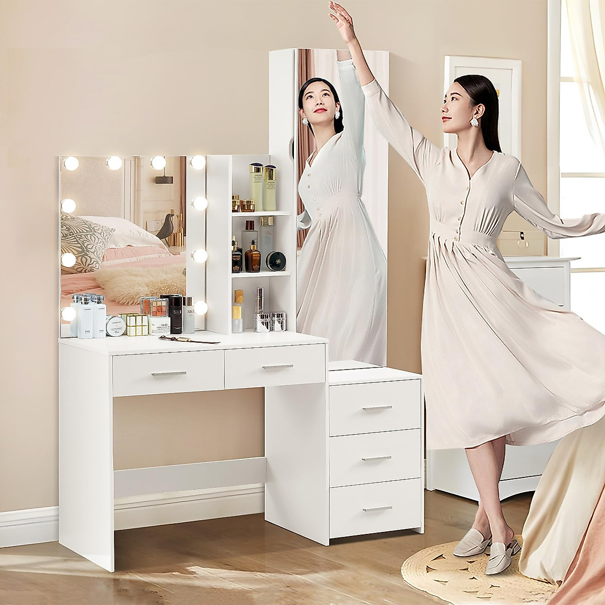 usikey Vanity Desk with Full-Length Mirror and Lights, Makeup Vanity Table with Jewelry Cabinet, 2 Drawers & 2 Shelves,Vanity Desk, Vanity Table for Girls Women, Bedroom, White