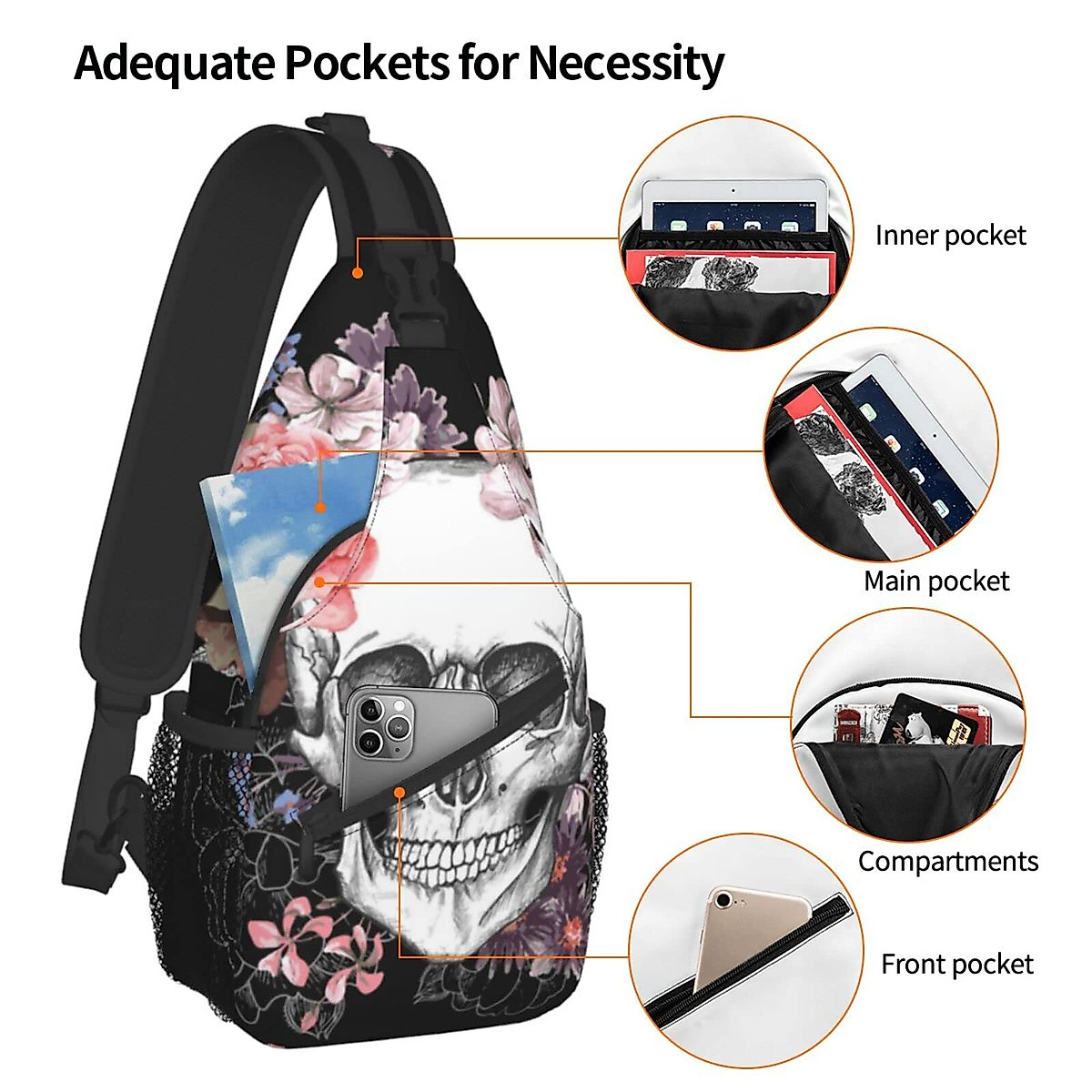 Jumou Rose and Skull Sling Bag Crossbody Women Men Travel Chest Backpack Leisure Sports Outdoor Running Hiking