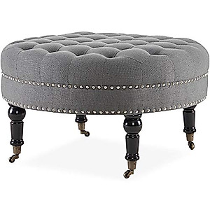 BELLEZE Modern 34 Inch Round Linen Ottoman with Caster Wheels, Contemporary Classic Footsool Bench with Button Tufted Top, Nailhead Trim, Wood Legs - Ravenna (Elephant Grey)
