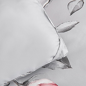 Koniroom 3 Pieces Pink and Grey Comforter Set Queen Size, Floral Bedding Sets with Pink Flowers and Leaves Pattern for Women Teen Girls, Reversible All Season Comforter with 2 Pillow Shams