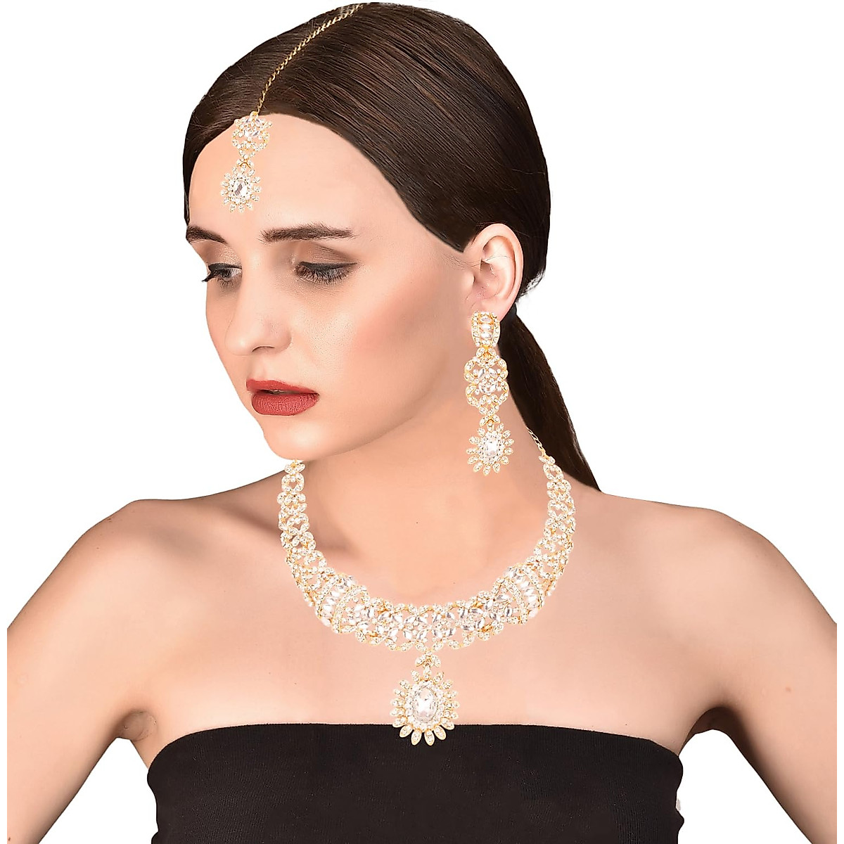 Touchstone Indian Bollywood Bollywood Silver Screen Desire Traditional Illustrious Filigree Sparkling Rhinestones Charming Look Designer Jewelry Hasli Necklace Set In Gold Tone For Women