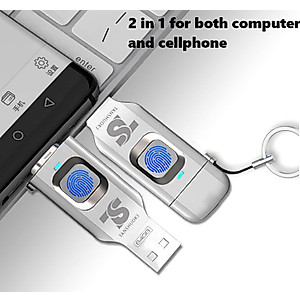 Fingerprint USB3.0 Flash Drive Encrypted 64G Memory Stick Pen Zip Drive Biometric Security Protection 2-in-1 Thumb Drive for PC Smartphone Laptop.