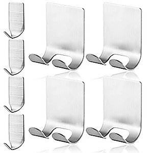 8 Pcs Self Adhesive Metal Dual Wall Hooks, FineGood Stainless Steel Waterproof Hanger Wall Mounted Double Hooks Heavy Duty Sticky Utility Storage Hooks for Bathroom Bedroom Kitchen