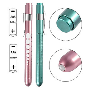 MELIFE Pen Light with Pupil Gauge, White Light Premium Copper Reusable LED Penlights for Doctors Medical Nursing Students etc, Pink and Green
