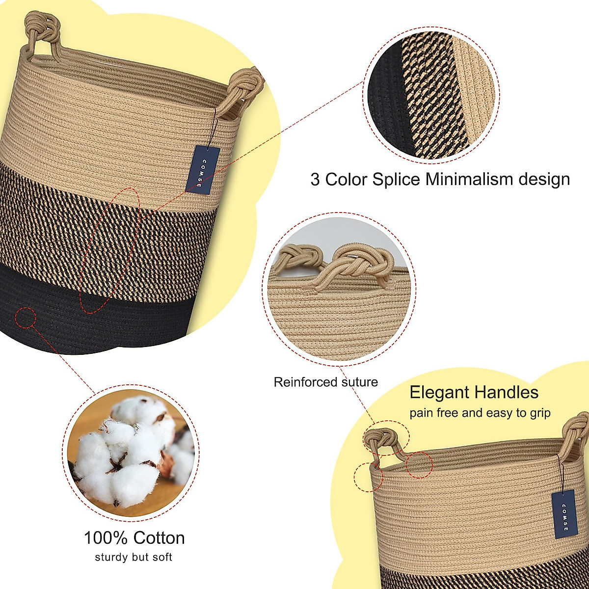 COMSE Extra Large Blanket Basket, High Storage Basket, Tall Rope Laundry Basket, 15.7”x 21.7”, Cotton Rope Basket, XXXL Laundry Basket, Toy Basket, Woven Basket, Clothes Baskets,Brown/Black