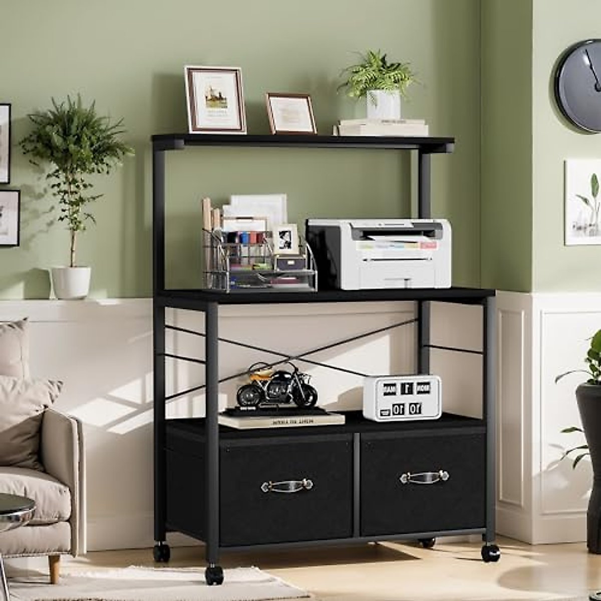 VECELO Lateral File Cabinet with 3 Shelf, 2 Drawer File-Cabinet on Brakeable Wheels, Large Printer Stand with Open Storage Shelf fits Letter Size for Home Office, Black