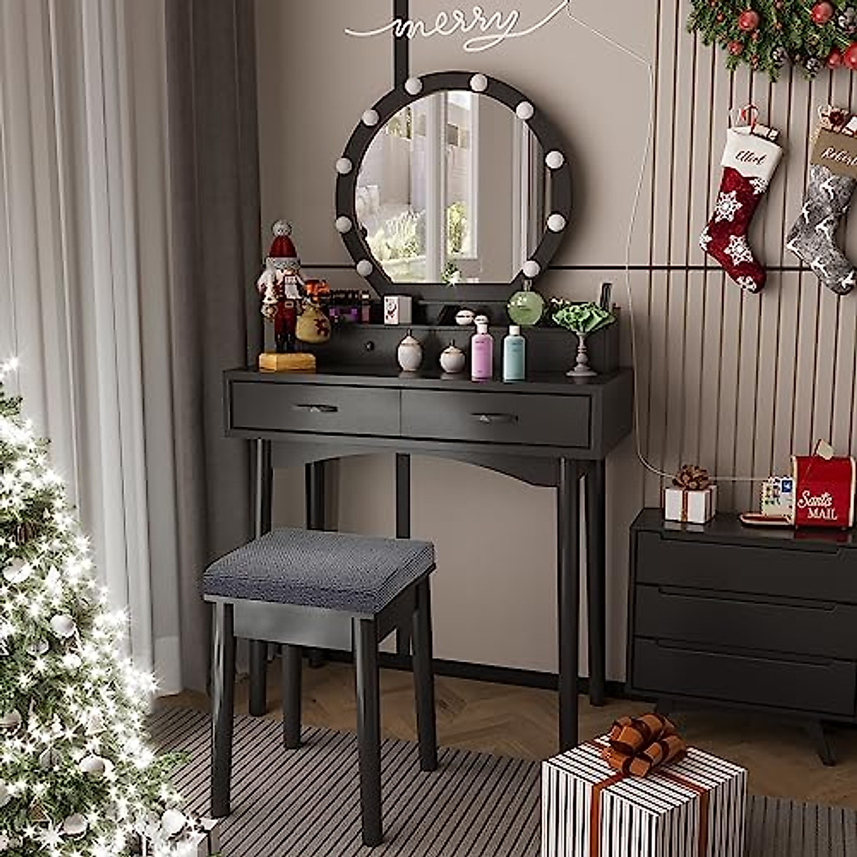 ISHARINGTIME Vanity Table, Vanity Desk with Lighted Mirror, 4 Drawers Makeup Table with Soft Cushioned Stool for Bedroom Studio (Black) TYVT010BK