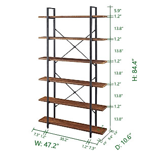 HSH Solid Wood Bookshelf, 6 Tier Tall Industrial Etagere Bookcase and Storage Shelves Heavy Duty, Rustic Large Open Vertical Metal Natural Real Wood Book Shelf for Bedroom Living Room Distressed Brown