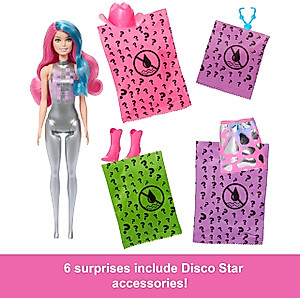 Barbie Color Reveal Fashion Doll & Accessories with 6 Surprises, Disco Star Series with Metallic Shine & Color-Change Bodice (Styles May Vary)