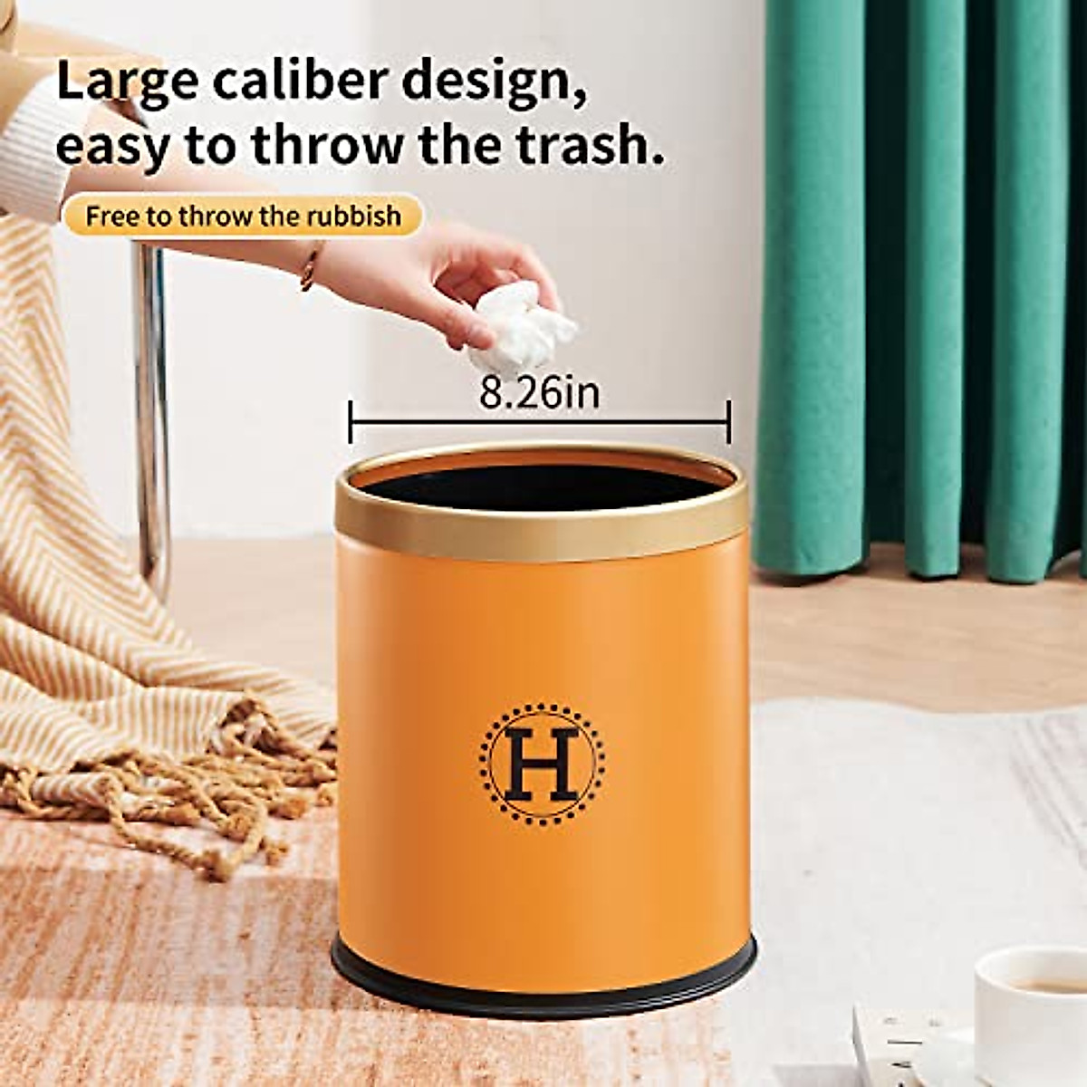 Round Trash Can, 3 Gallon Bedroom Garbage Can, Office Waste Basket for Living Room, Plastic Garbage Bin Without Lid, Dual Layer Small Waste Bin with Gold Edge for Bathroom, Kitchen, Hotel (Orange)