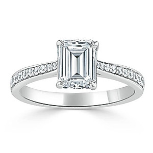 WSX Solid White Gold 1 Carat Emerald Brilliant Cut Moissanite Engagement Ring for Women Wedding Ring, D Color