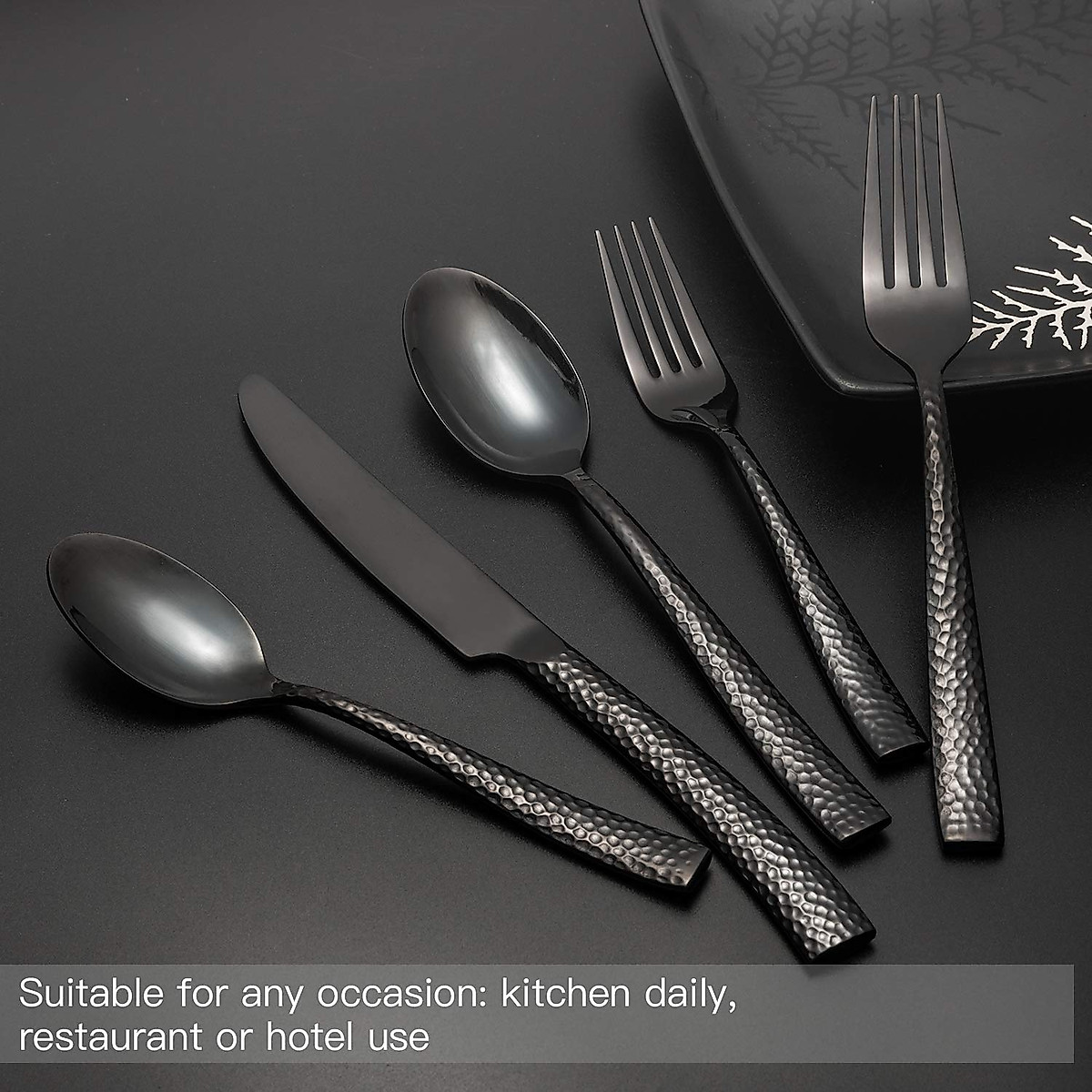 Kelenfer Silverware Set Black Flatware Set Stainless Steel 40 Pieces Cutlery Set Hammered Pattern Mirror Polished Home Hotel Use Service for 8, (KL9001)