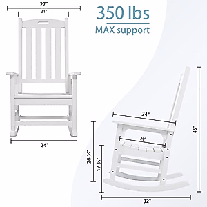 Psilvam Patio Rocking Chair, Poly Lumber Porch Rocker with High Back, 350Lbs Support Rocking Chairs for Both Outdoor and Indoor, Poly Rocker Chair Looks Like Real Wood (White)