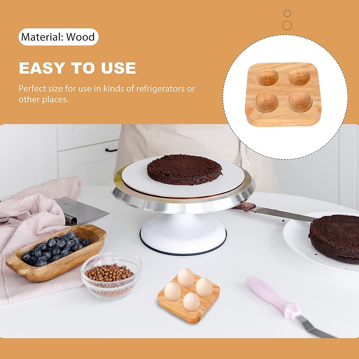 Cabilock Wood Egg Holder Egg Tray 4 Holes Egg Plate Egg Display Stand Storage Containers Rack Egg Decorating Kit for Tabletop Refrigerator