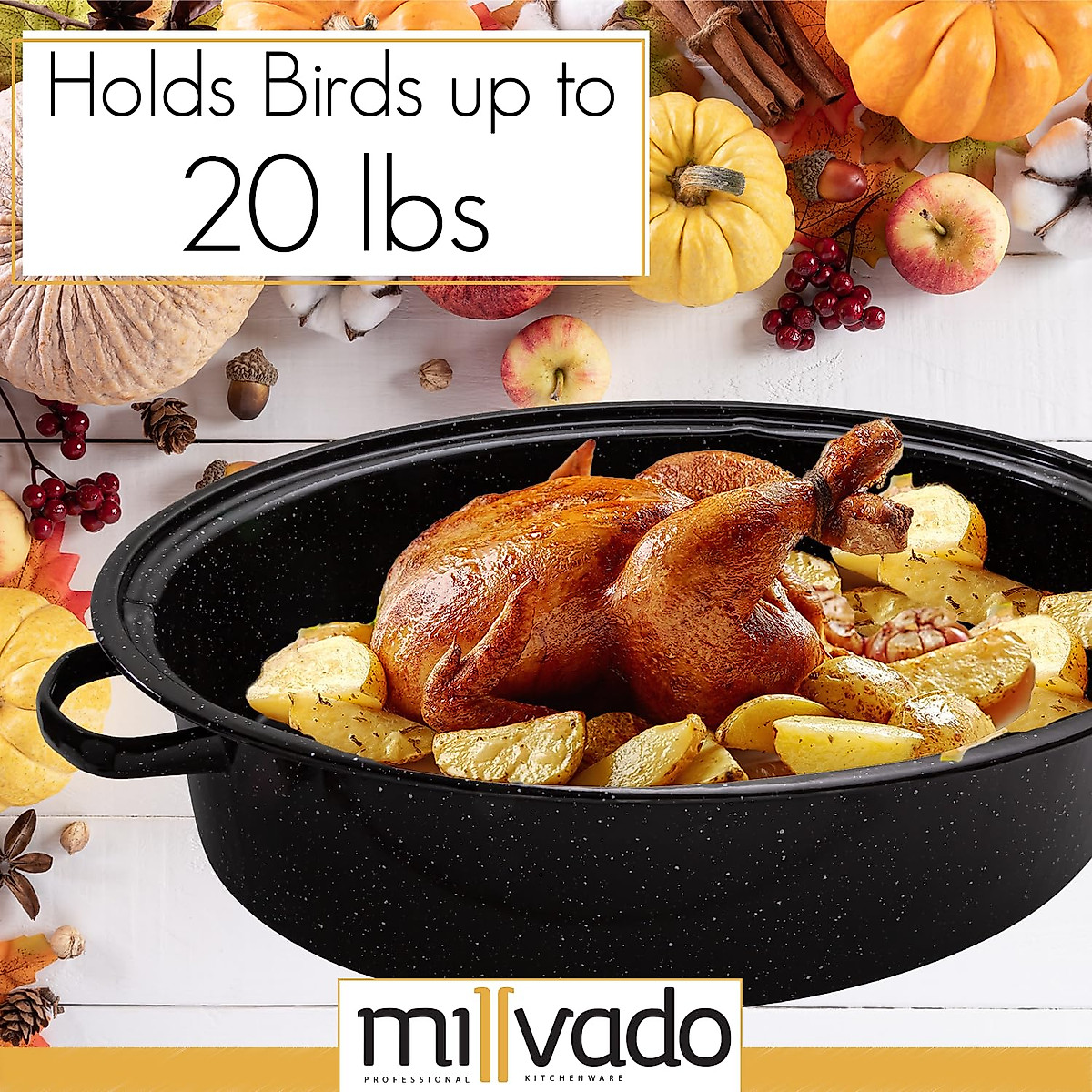 Millvado Roasting Pan With Lid, Thanksgiving Turkey Roaster Pan, Extra Large 20 lb Capacity, 19" Granite Oven Roaster Oval Shaped Speckled Enamel on Steel Cookware