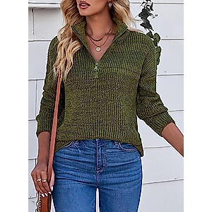 EVALESS Sweaters for Women Waffle Knit Long Sleeve Quarter Zip Pullover for Women Business Casual Fall Fashion Tops Winter Trendy Aestheic Teathcer Clothes V Neck Oversized Green Sweater,Samll Size